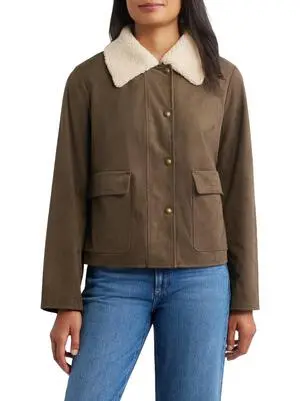 Sam Edelman Faux Leather Jacket With Faux Shearling Collar - Loden
