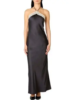 NIA Vesper Lace Satin Halter Maxi Dress - Soot
