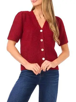 CECE DUPRAZ Puff Sleeve V-Neck Cardigan Burgundy Red