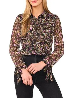 CECE DUPRAZ Floral Button-up Shirt With Tie Cuffs - Rich Black