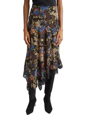Veronica Beard Rosemary Floral Asymmetric Hem Stretch Silk Skirt - Black Multi