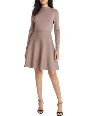 Maggy London Long Sleeve Fit & Flare Sweater Dress - Taupe