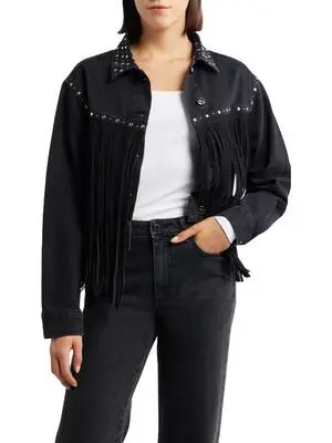 MAVI Jenna Fringe Studded Denim Jacket - Smoke Fringe Denim
