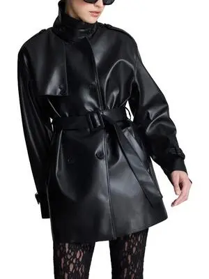 KENNETH COLE Double-breasted Faux Leather Trench Coat - Black