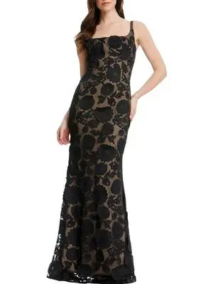 Dress The Population Lorena Floral Appliqué Mermaid Gown - Black/beige