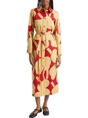 Marimekko Molla Unikko Floral Twill Shirt Dress - Light Brown/ Red