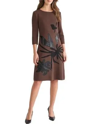 Ming Wang Botanical Appliqué Knit Shift Dress - Dark Umber/black
