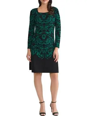 Ming Wang Filigree Jacquard Long Sleeve Sweater Dress - Everest/black