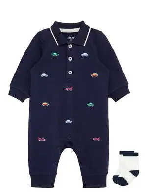 LITTLE ME Cars Embroidered Romper And Socks Set - Blue