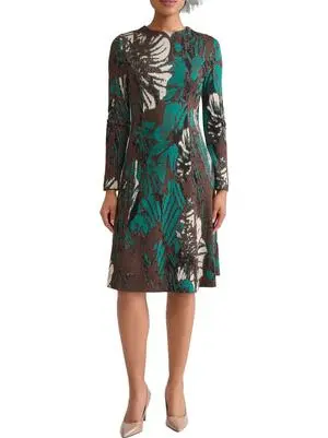 Ming Wang Floral Jacquard Long Sleeve Knit A-line Dress - Everest/dark Umber/black