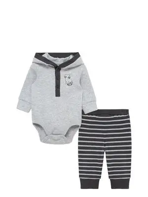 LITTLE ME Raccoon Bodysuit And Pants Set - Grey