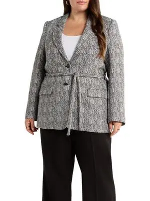 Nordstrom The Liv Belted Textured Boyfriend Blazer - Black Ivory Herringbone