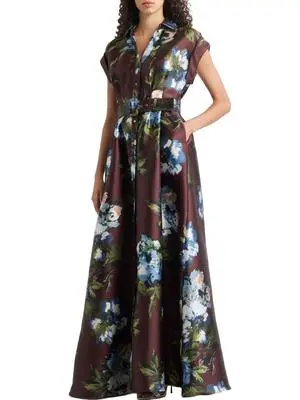 Julia Jordan Floral Print Belted Satin Gown - Brown Multi
