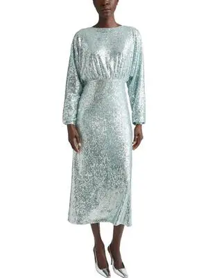 St. John Sequin Stretch Knit Midi Dress - Aqua