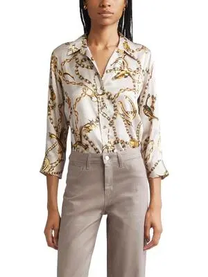 L'Agence Dani Chain Print Silk Shirt - Smoke Grey/gold Long Horn Chai
