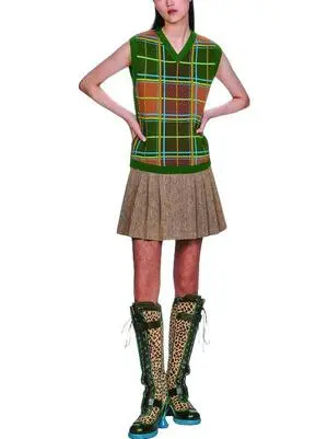 Anna Sui Plaid Sweater Vest - Leaf Green Multi