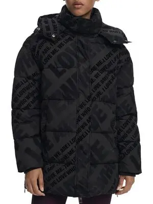 Desigual Flocked Print Quilted Puffer Jacket - Black