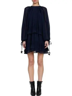 EN SAISON Nicolette Tiered Ruffle Long Sleeve Trapeze Dress - Navy