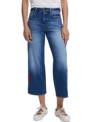 Desigual Leaf Embroidered Cropped Wide Leg Jeans - Medium Blue