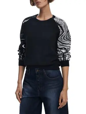 Desigual Swirl Raglan Sleeve Crewneck Pullover - Black