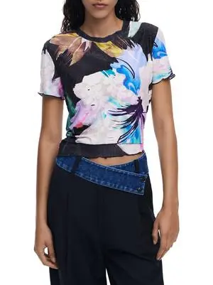 Desigual Texture Floral Short Sleeve Top - Black