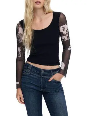 Desigual Mesh Sleeve Crop T-shirt - Black