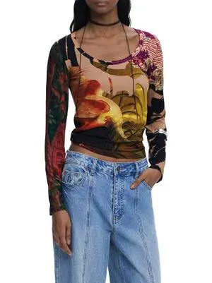 Desigual Abstract Print Scoop Neck T-shirt - Pink