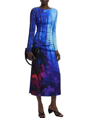 Desigual Tie Dye Long Sleeve Midi Dress - Blue/lilac Multi