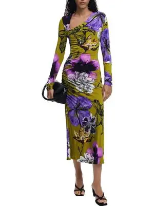 Desigual Floral Print Long Sleeve Midi Dress - Olive Green