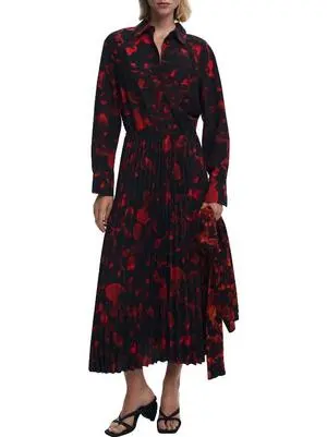 Desigual Long Sleeve Pleated Midi Dress - Dark Red