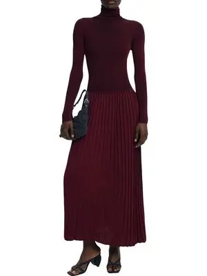 Desigual Long Sleeve Pleated Turtleneck Maxi Dress - Dark Red