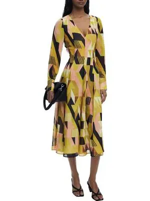 Desigual Geometric Long Sleeve Midi Dress - Warm Green