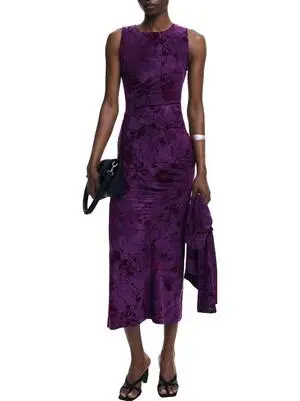 Desigual Floral Stretch Velvet Midi Dress - Medium Purple