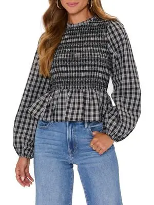 VICI Plaid Smocked Peplum Top - Navy Plaid