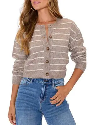 VICI Striped Button-front Crop Cardigan - Taupe Ivory