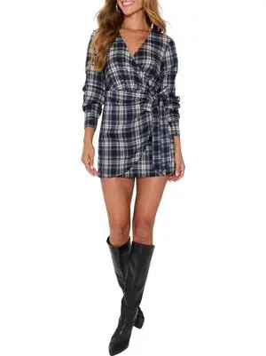 VICI Collette Wrap Front Long Sleeve Mini Shirtdress - Navy Plaid