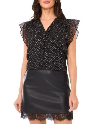 Vince Camuto Metallic Dot Ruffle Sleeve Chiffon Top - Rich Black