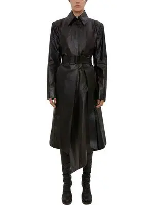 OLIVIER THEYSKENS Pointed-collar Belted Leather Coat - Black