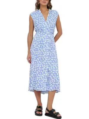 BOSS V-neck Feather-print Midi Dress - Blue
