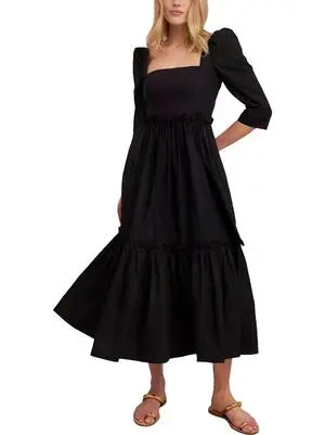 Cara Cara Puff-sleeve Tiered Dress - Black