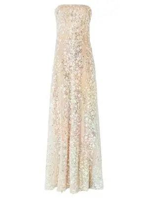 GENNY Sequin-embellished Floral Appliqué Dress - Neutrals