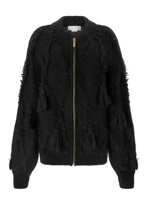 GENNY Tassel-embellished Zip-front Cardigan - Black