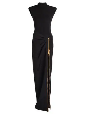 Balmain Zip-embellished Woven Maxi Dress - Black