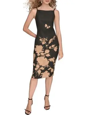 Donna Karan New York Floral Print Sheath Dress - Black/gold Foil