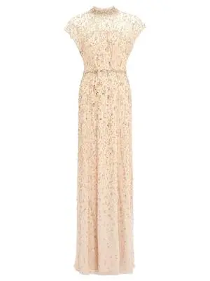 Jenny Packham Crystal Drop Embellished High-Neck Maxi Gown Illusion