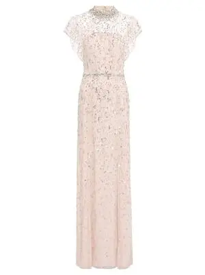 Jenny Packham Crystal Drop Embellished High-Neck Maxi Gown Sugar