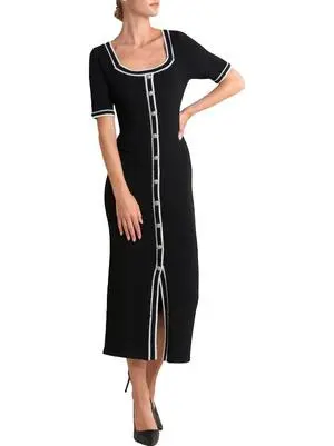FREEMARKET Knit Midi Dress With Contrast Trim And Decorative Buttons