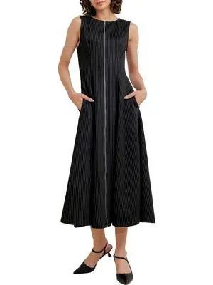 FREEMARKET Pinstripe Zip Front Midi Dress - Black
