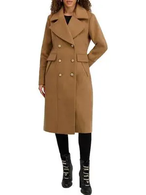Karl Lagerfeld Paris Double Breasted Wool Blend Coat Camel
