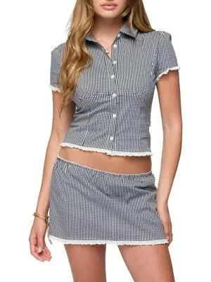 EDIKTED Cotton Blend Gingham Button-up Shirt - Black-and-white